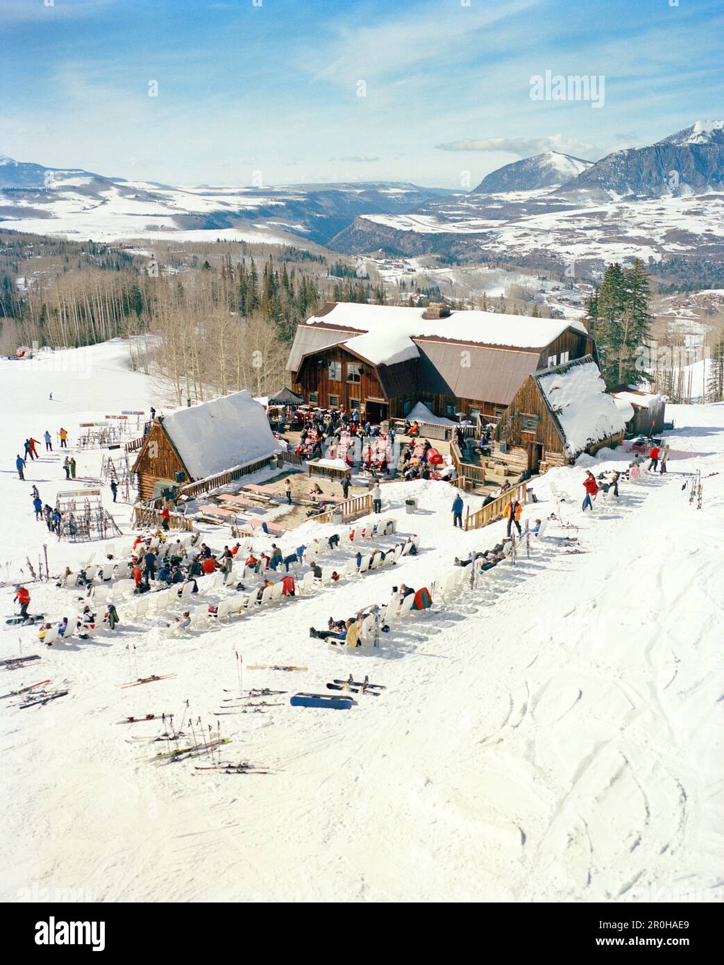 USA, Colorado, people eating at Gorrono Ranch Restaurant, Telluride Ski ...
