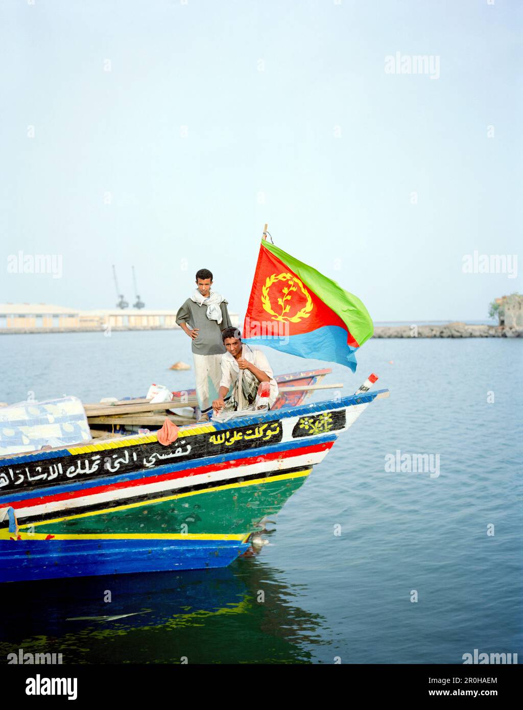 ERITREA, Assab, Yemenese fishermen on the front of their boat in the ...