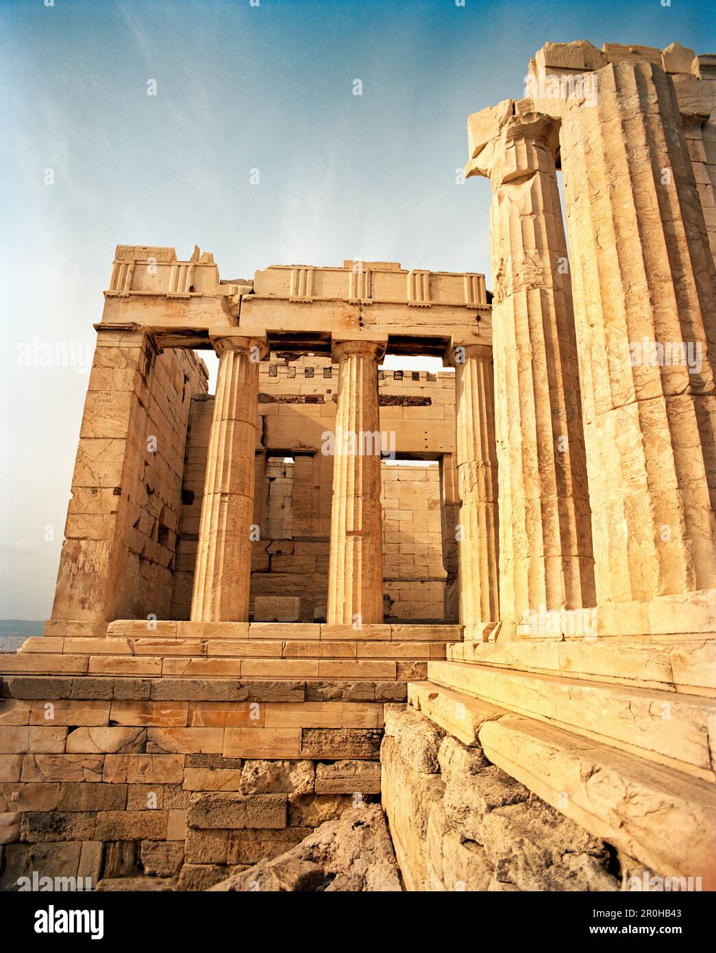 GREECE, Athens, large stone columns of the entrance into the Acropolis ...