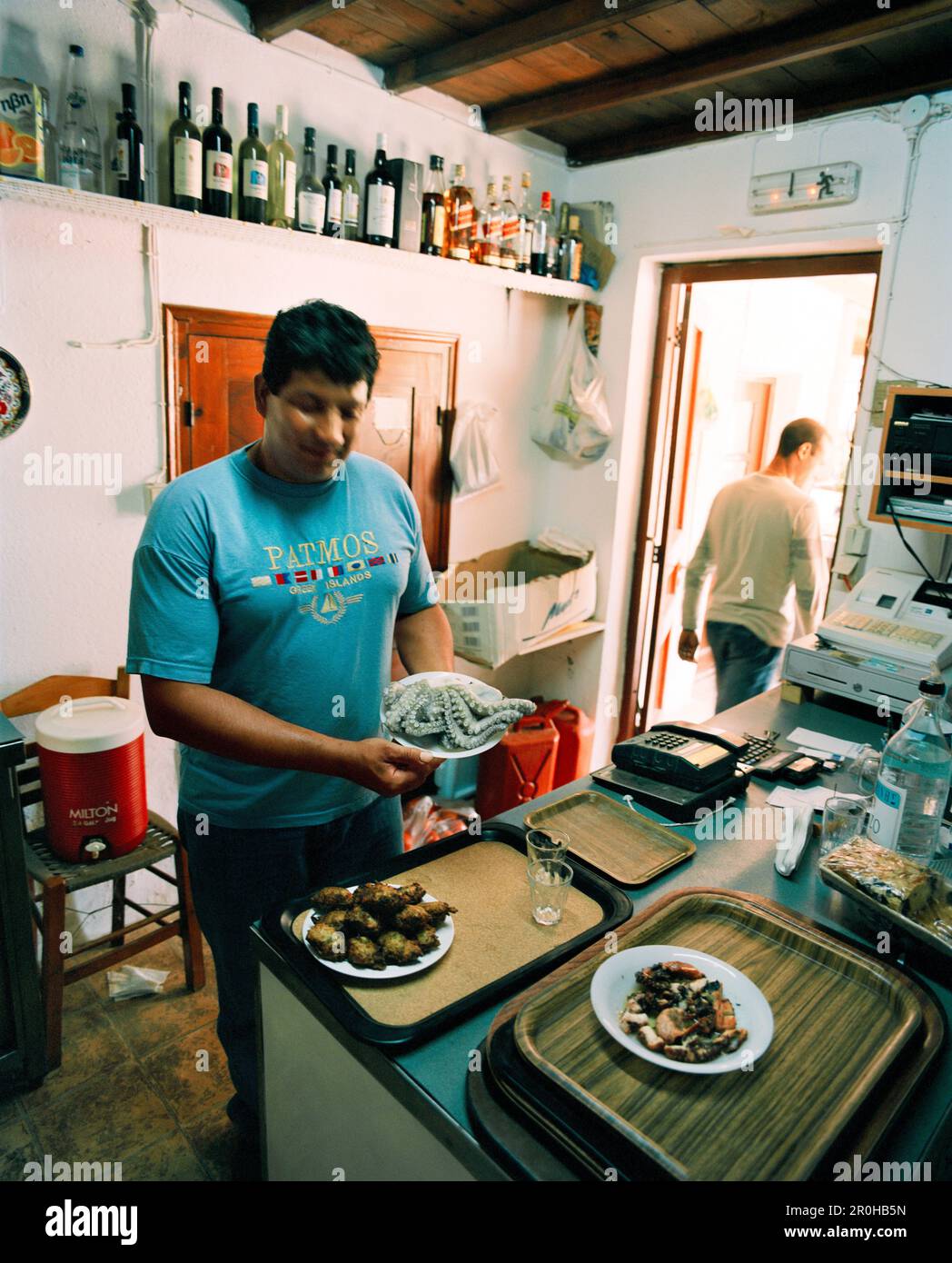 GREECE, Patmos, Diakofti, Dodecanese Island, Kostas Grillakis prepare ...