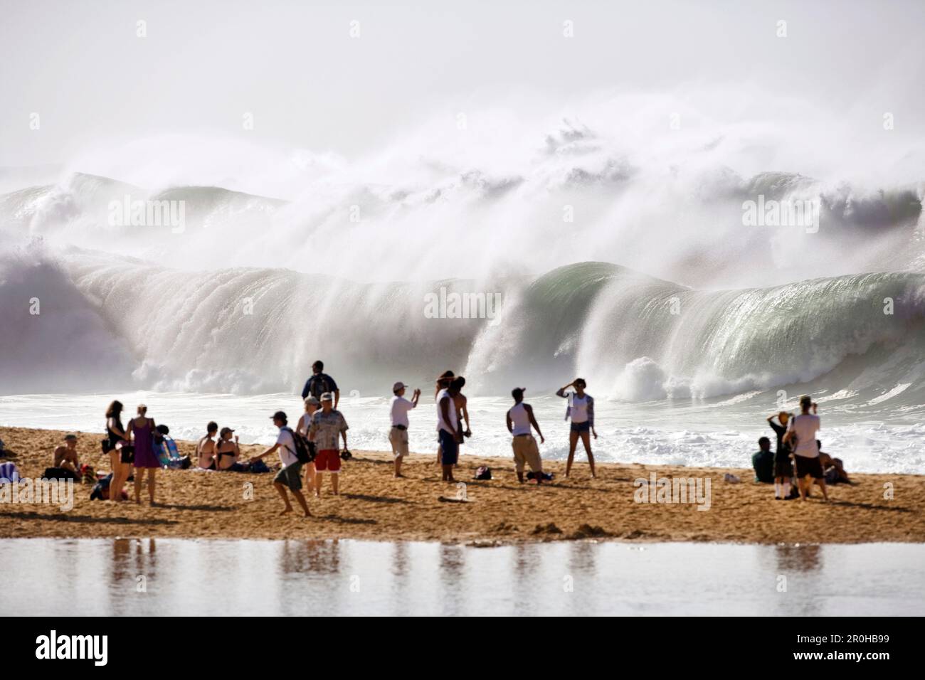 USA, Hawaii, Oahu, the North Shore, people watching enormous shorebreak ...
