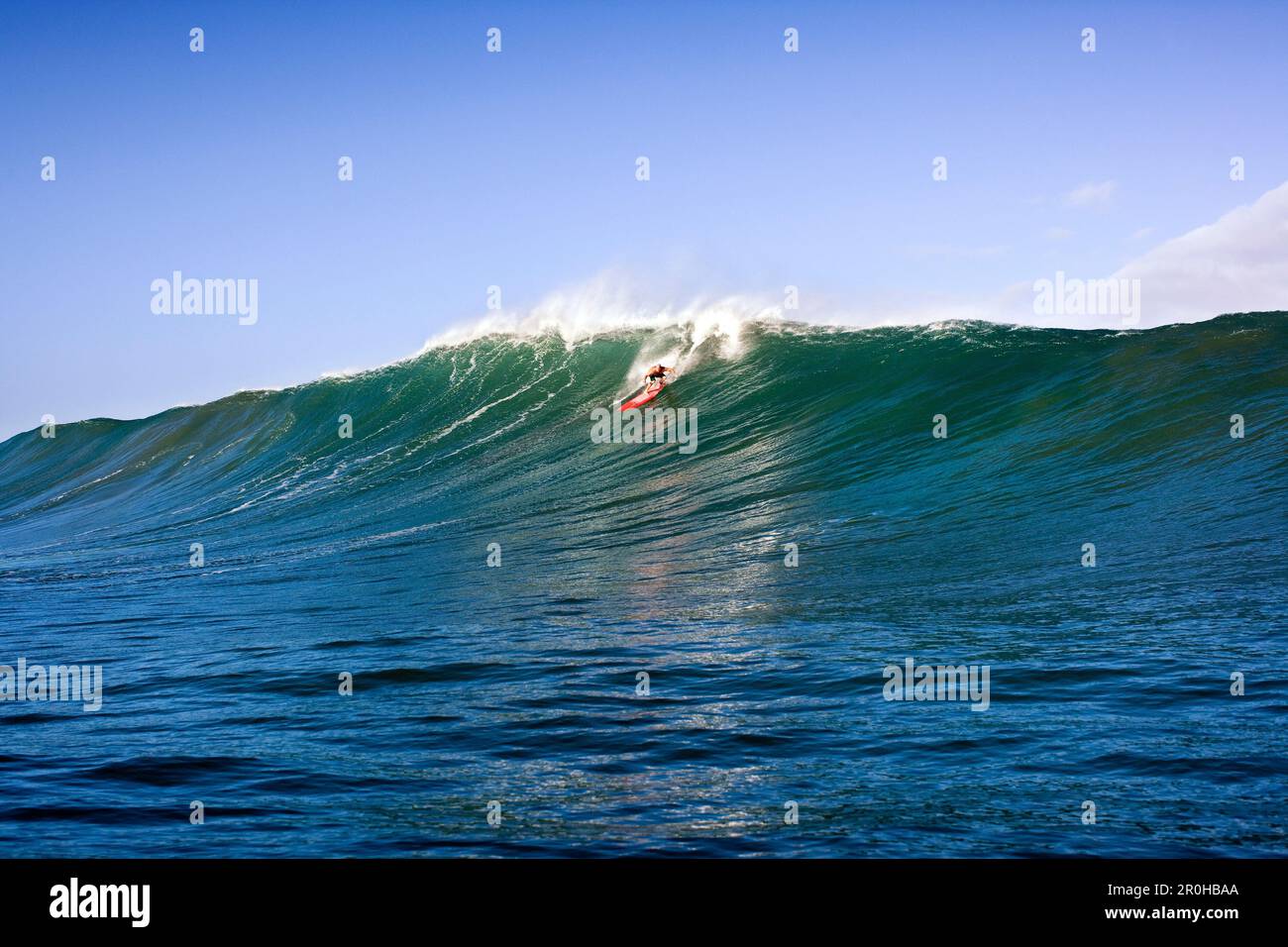 USA, Hawaii, man surfs a large wave on an outer reef, the North Shore ...