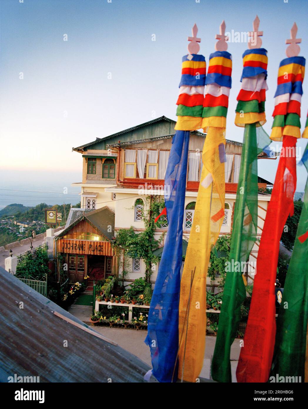INDIA, West Bengal, colorful flags in front of hotel, Cochrane Palace ...