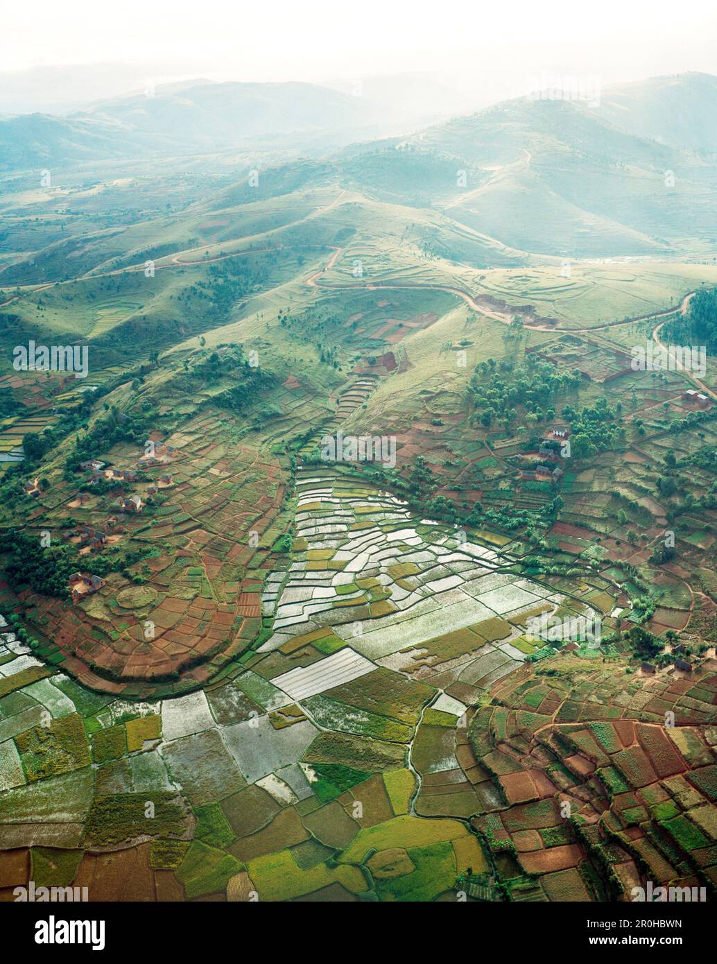 MADAGASCAR, aerial view of rice fields and countryside, Antananarivo ...
