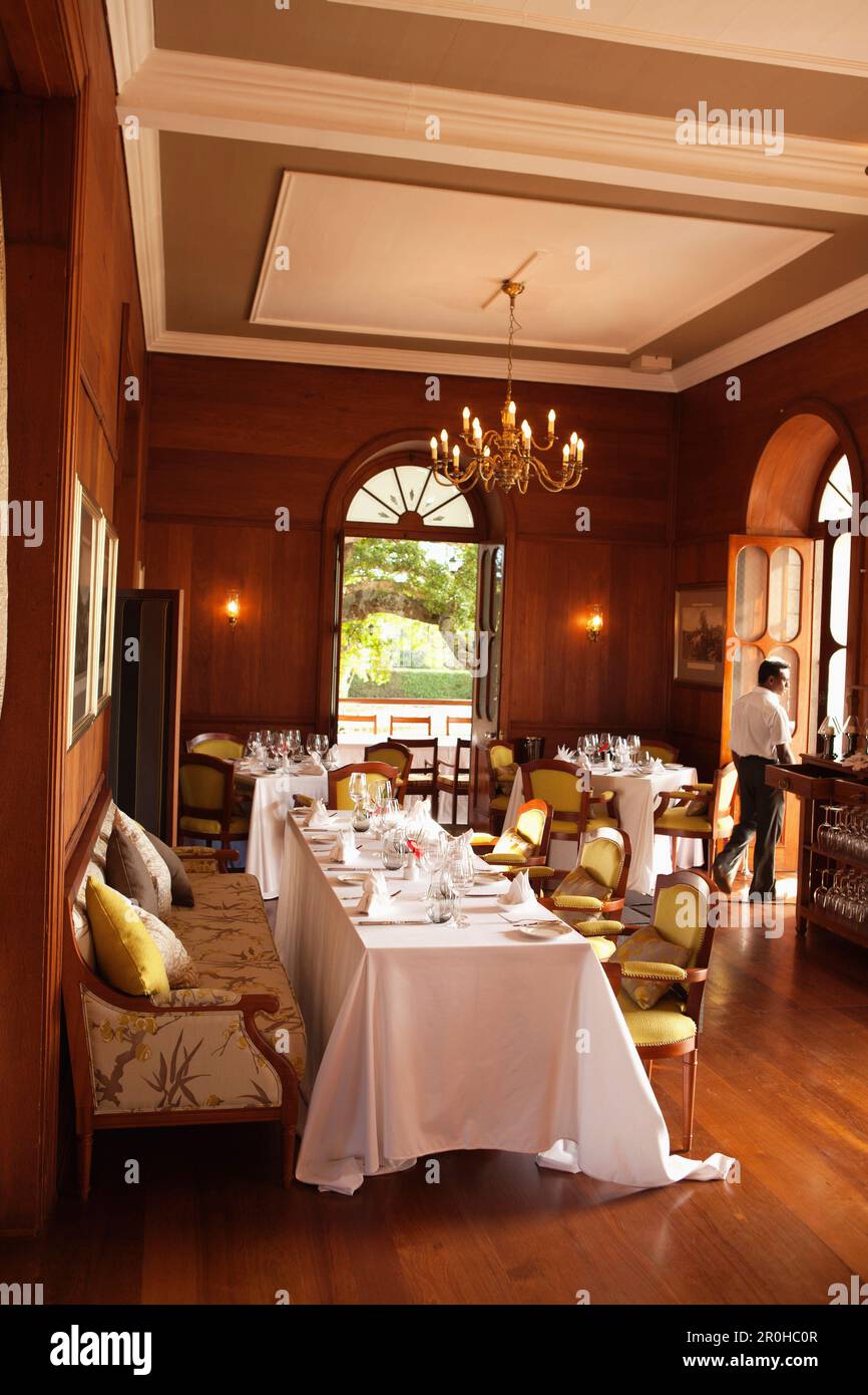 MAURITIUS, Bel Ombre, tables are prepared for dining at one of ten ...