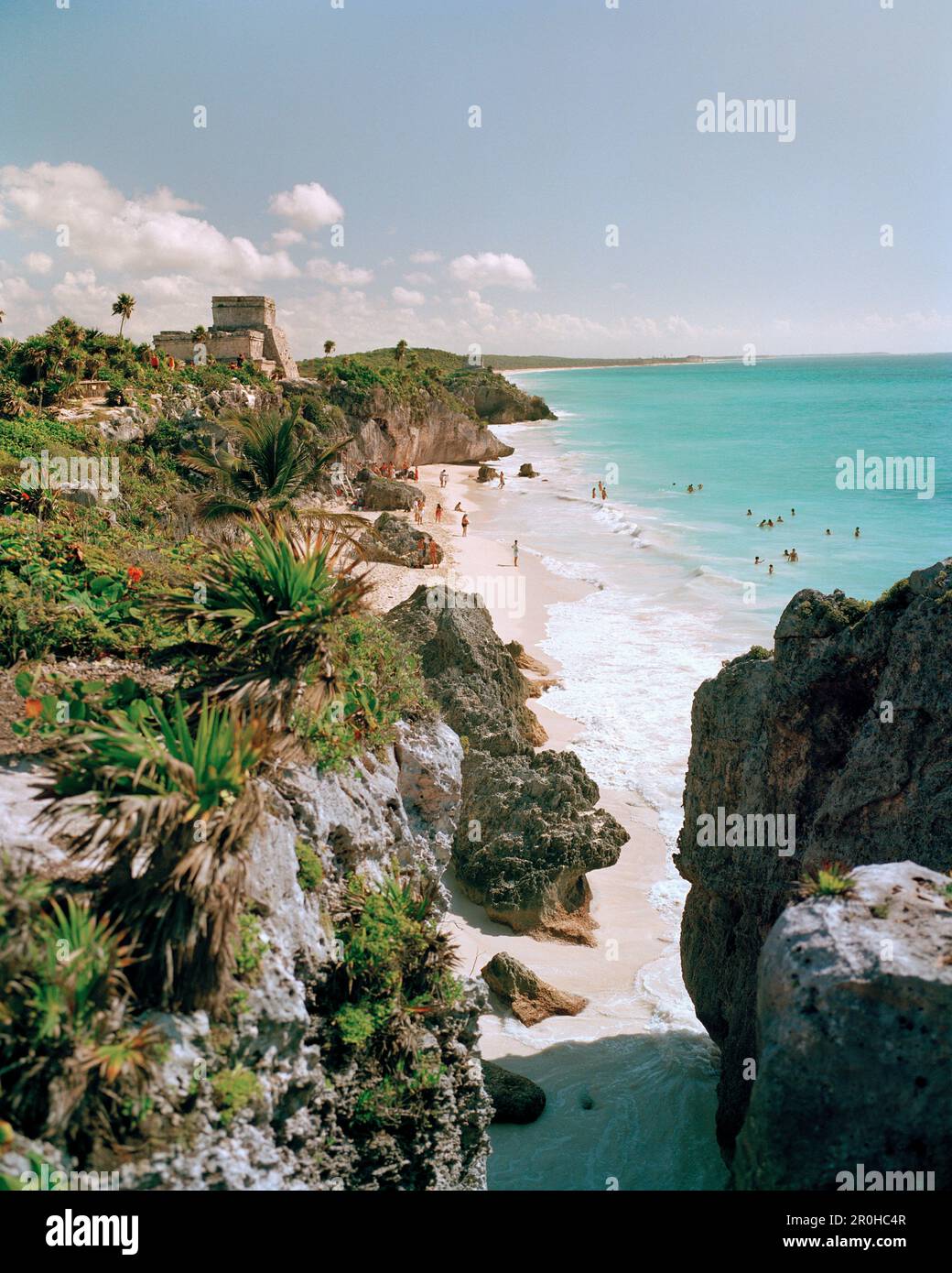 MEXICO, Maya Riviera, Tulum Ruins and beach with swimmers Stock Photo ...