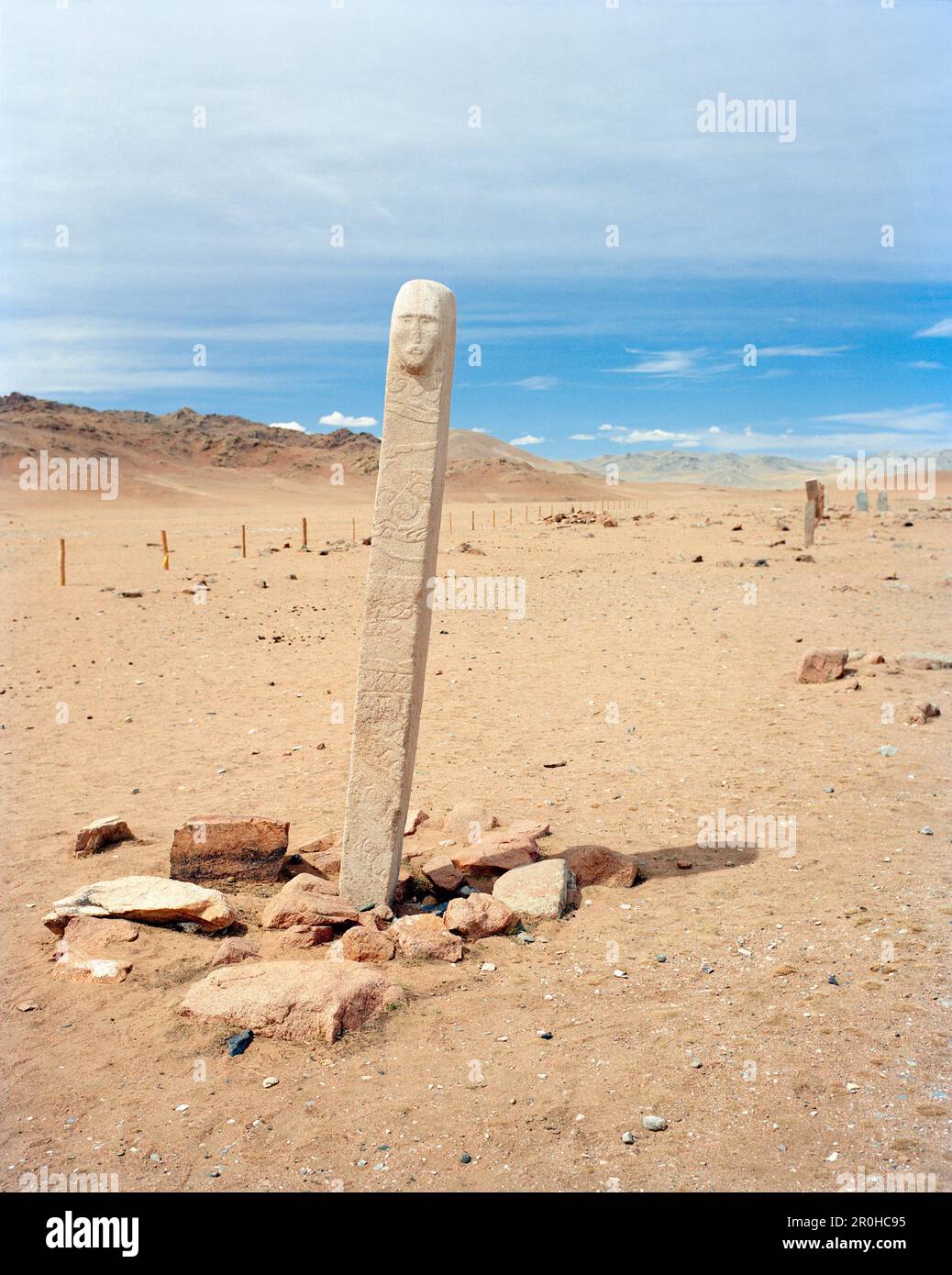 MONGOLIA, Khuvsgul National Park, deer stone standing on a barren ...