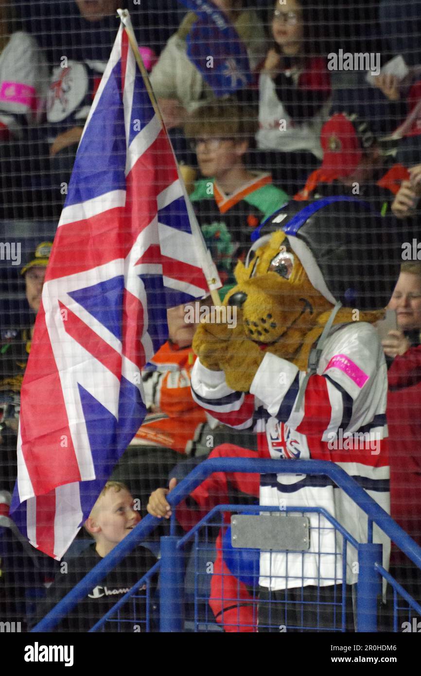 Nottingham, 5 May 2023. Great Britain ice hockey mascot Leo the Lion ...