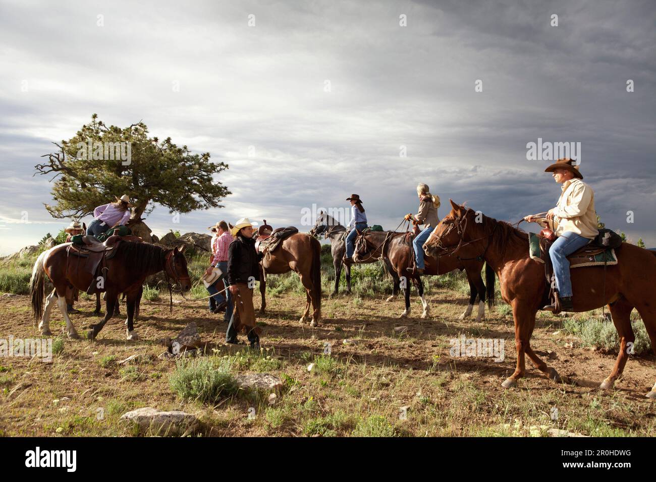 USA, Wyoming, Encampment, wranglers take horses from guests after a ...