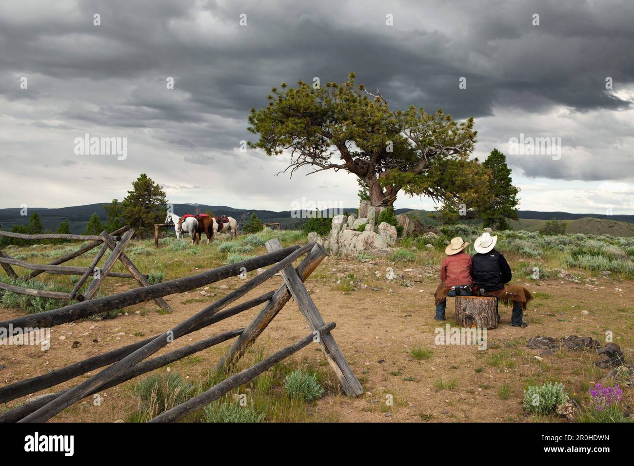 USA, Wyoming, Encampment, two women wranglers sit on a log at the top ...