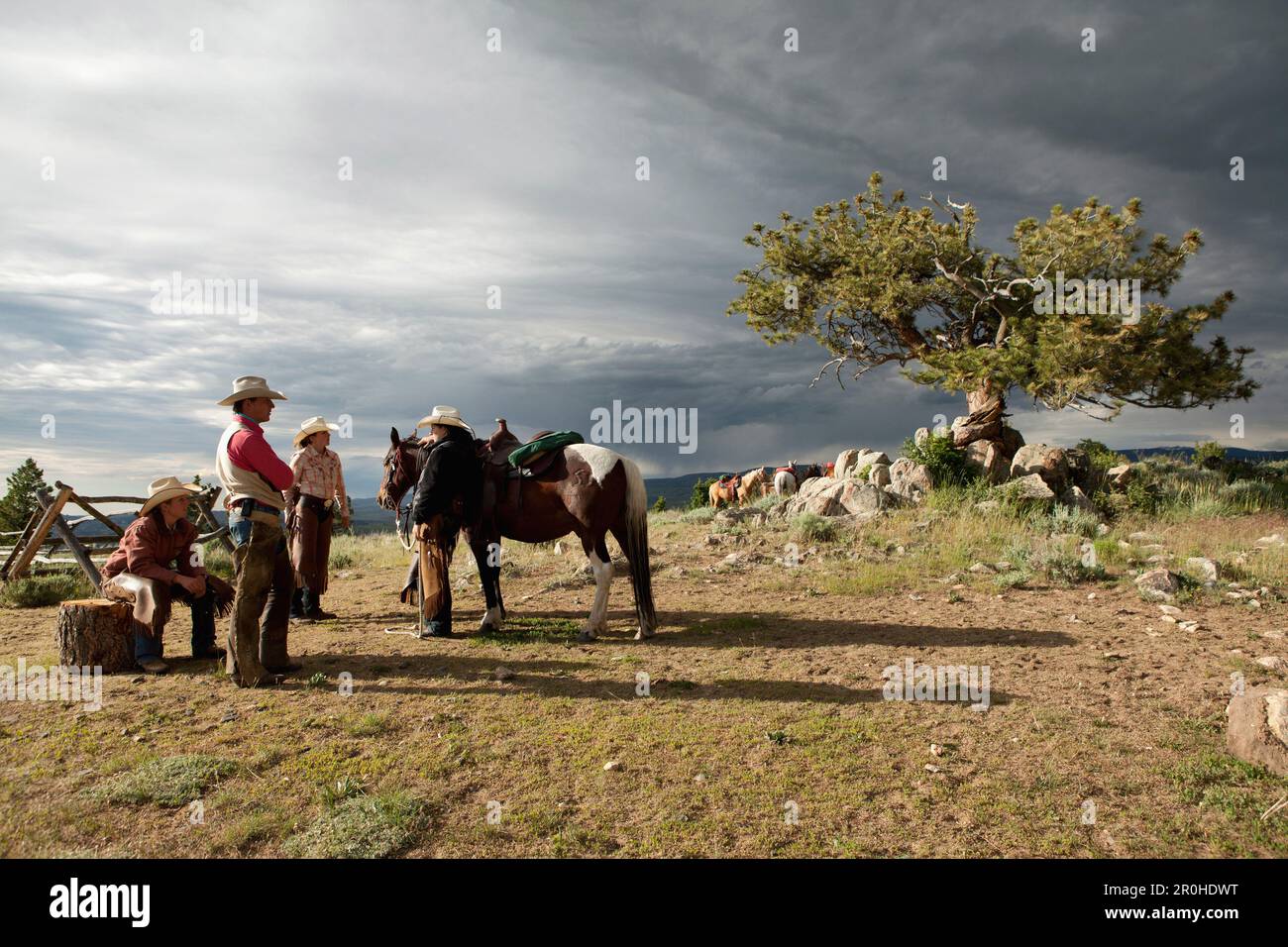 USA, Wyoming, Encampment, wrangelrs on a mountain top wait for trail ...