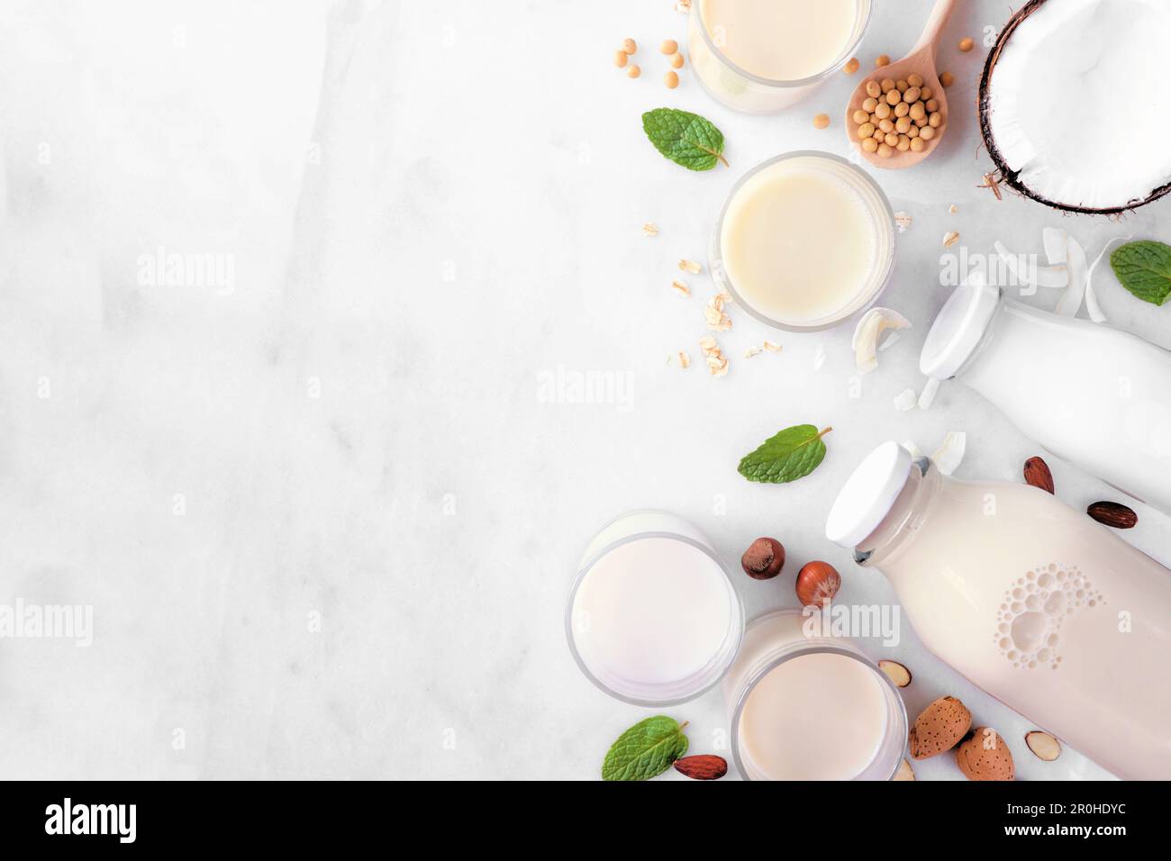 Vegan plant based non dairy milk side border. Variety of types in milk ...