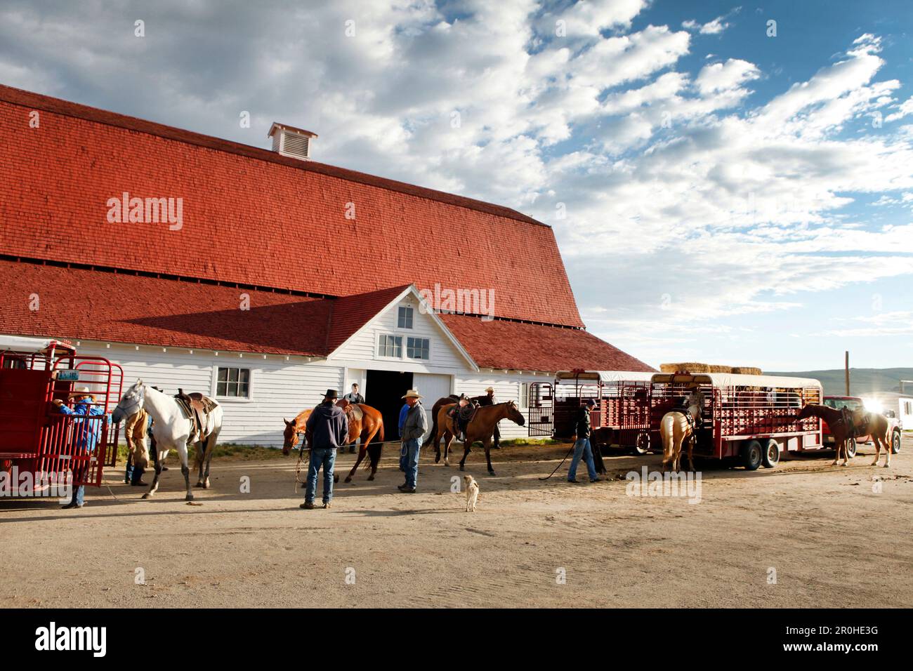 USA, Wyoming, Encampment, cowboys prepare for a branding and load ...
