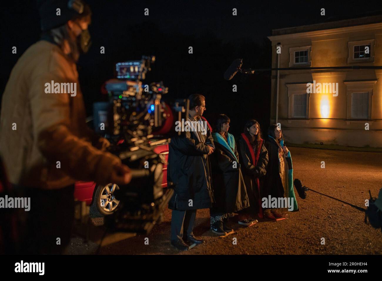 POLITE SOCIETY, center, from left: Jeff Mirza, Ritu Arya, Priya Kansara ...