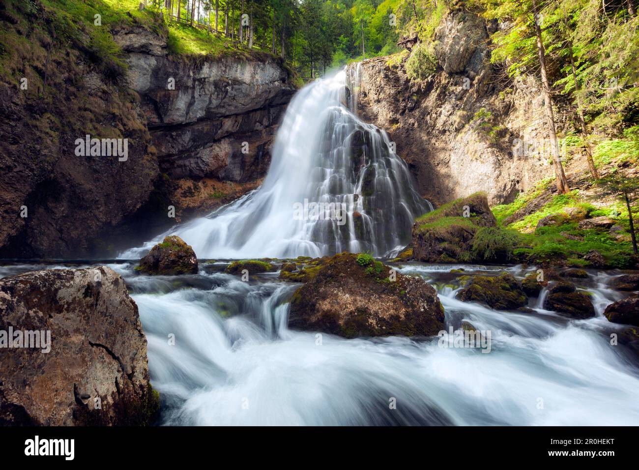 View of Golling waterfall in spring with sunlight, Salzburg, Austria ...