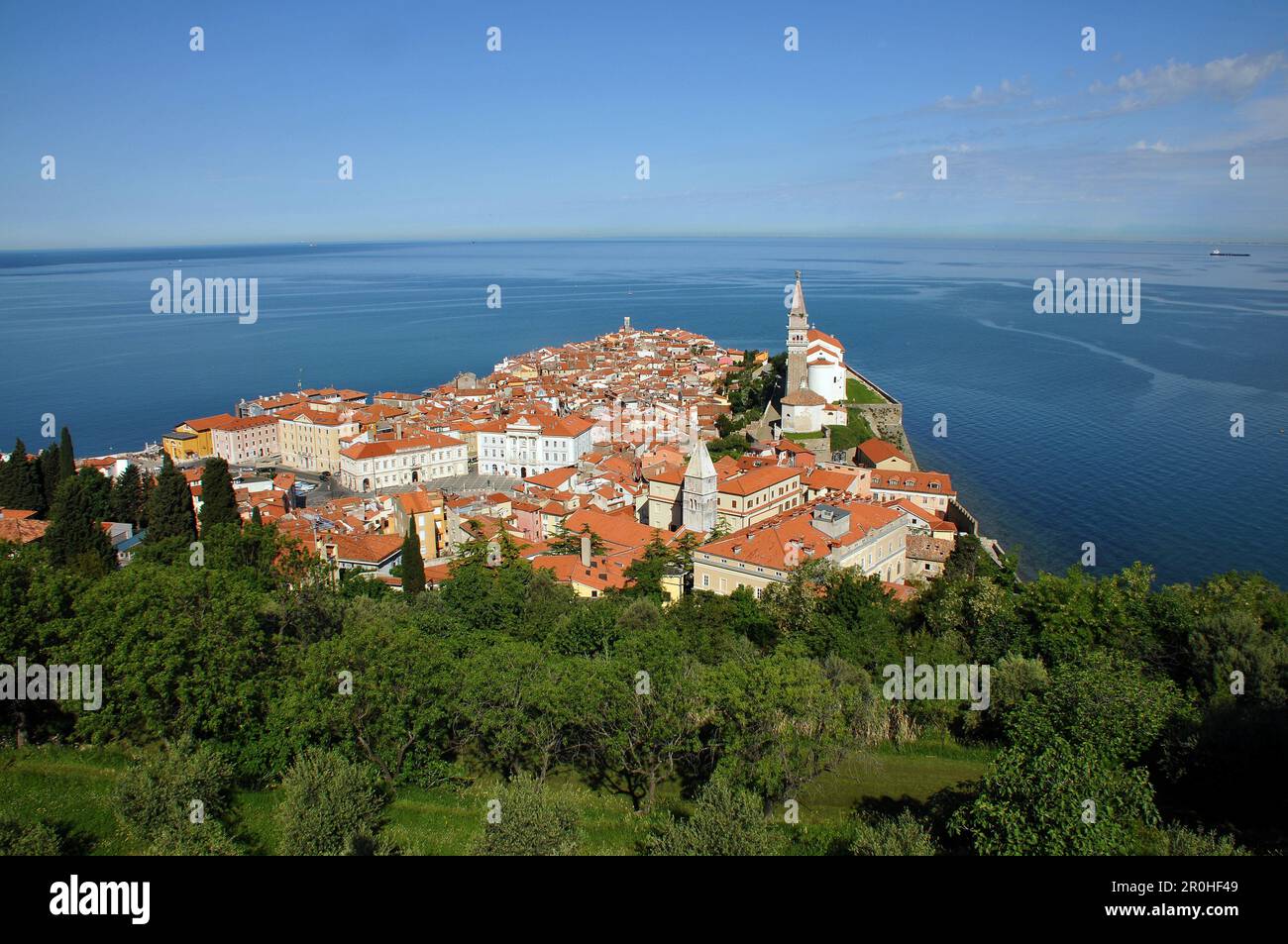 View towards Piran from the city walls, Gulf of Triest, Slovenia Stock ...