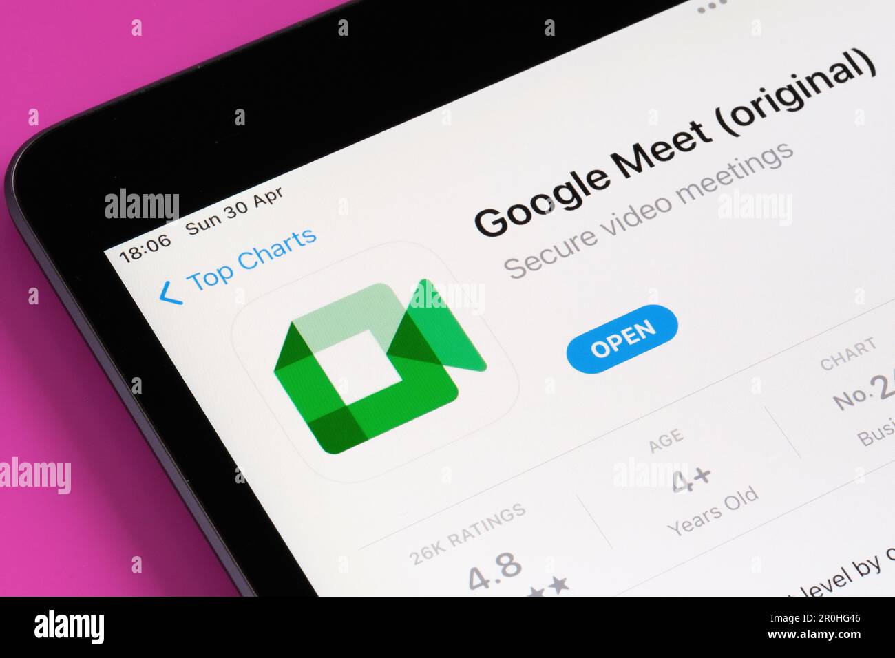 google meet app seen in App Store on the screen of ipad. Selective ...