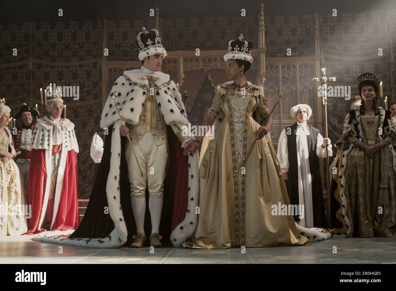 QUEEN CHARLOTTE: A BRIDGERTON STORY, Corey Mylchreest (center, left ...