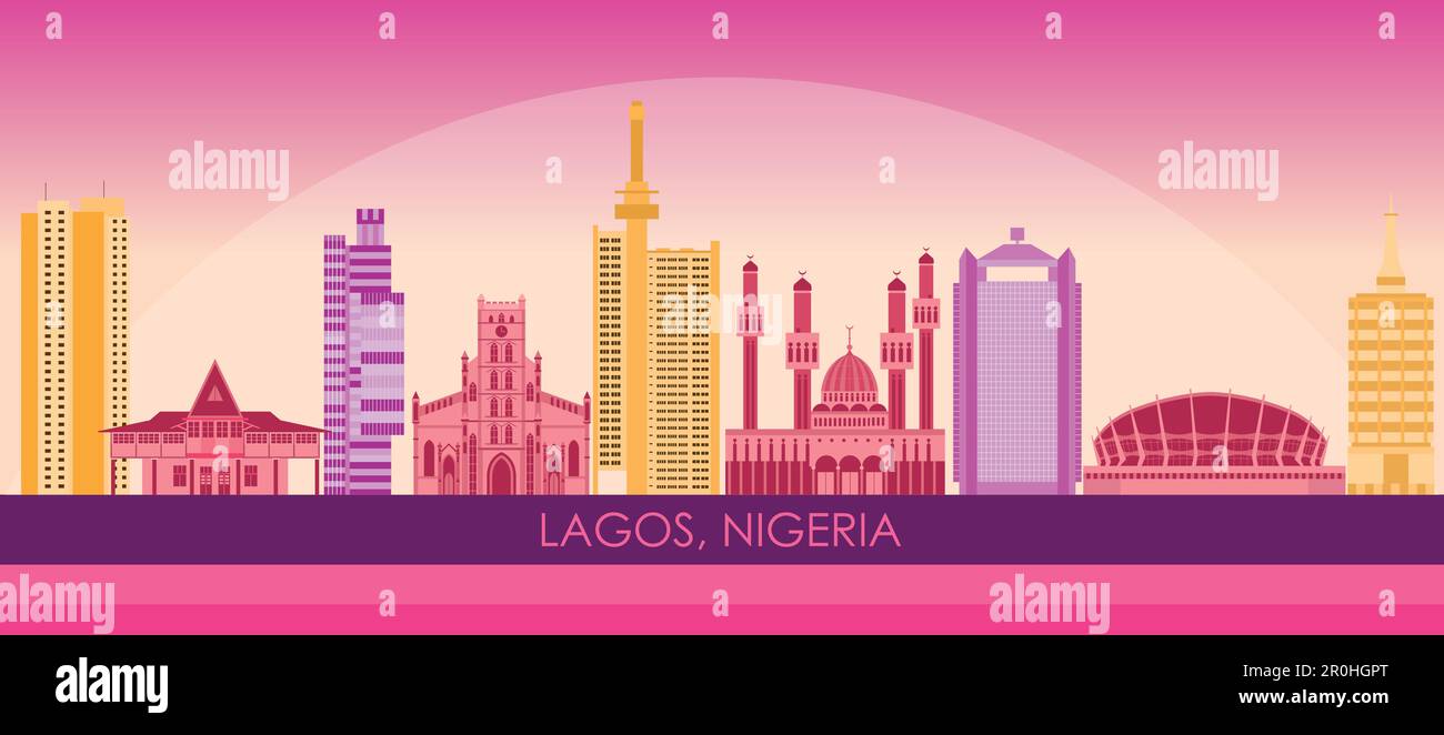 Sunset Skyline panorama of city of Lagos, Nigeria - vector illustration ...