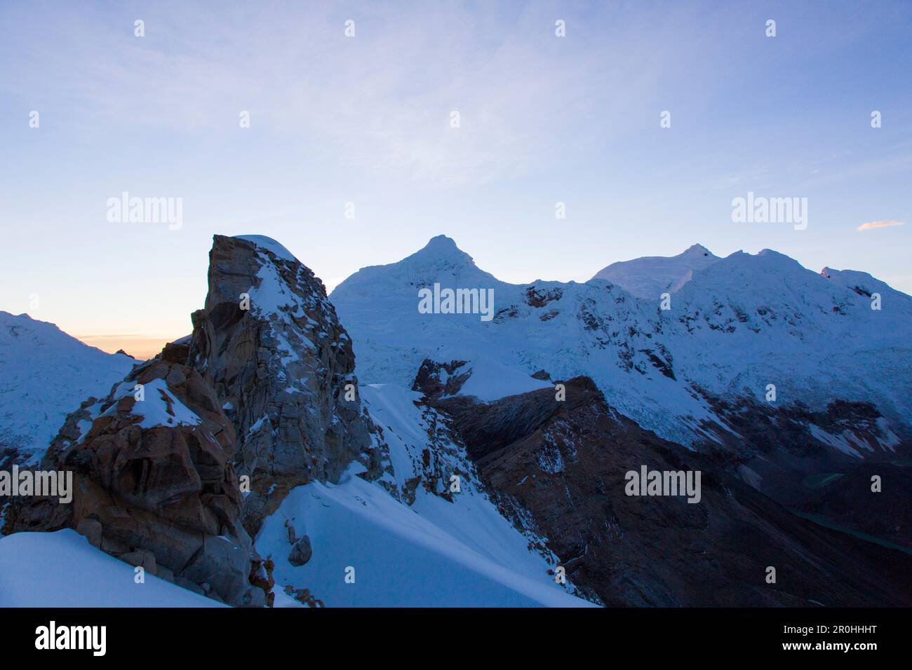 Tocllaraju and Chinchey in sunrise, Urus, Pashpa, Ishinca Valley ...