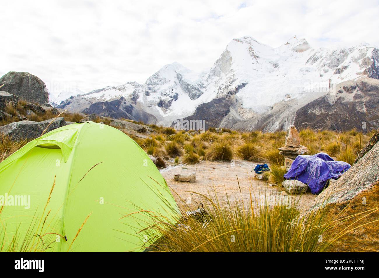 Tent in front of Huandoy massif, Paron Valley, Caraz, Huaraz, Ancash ...