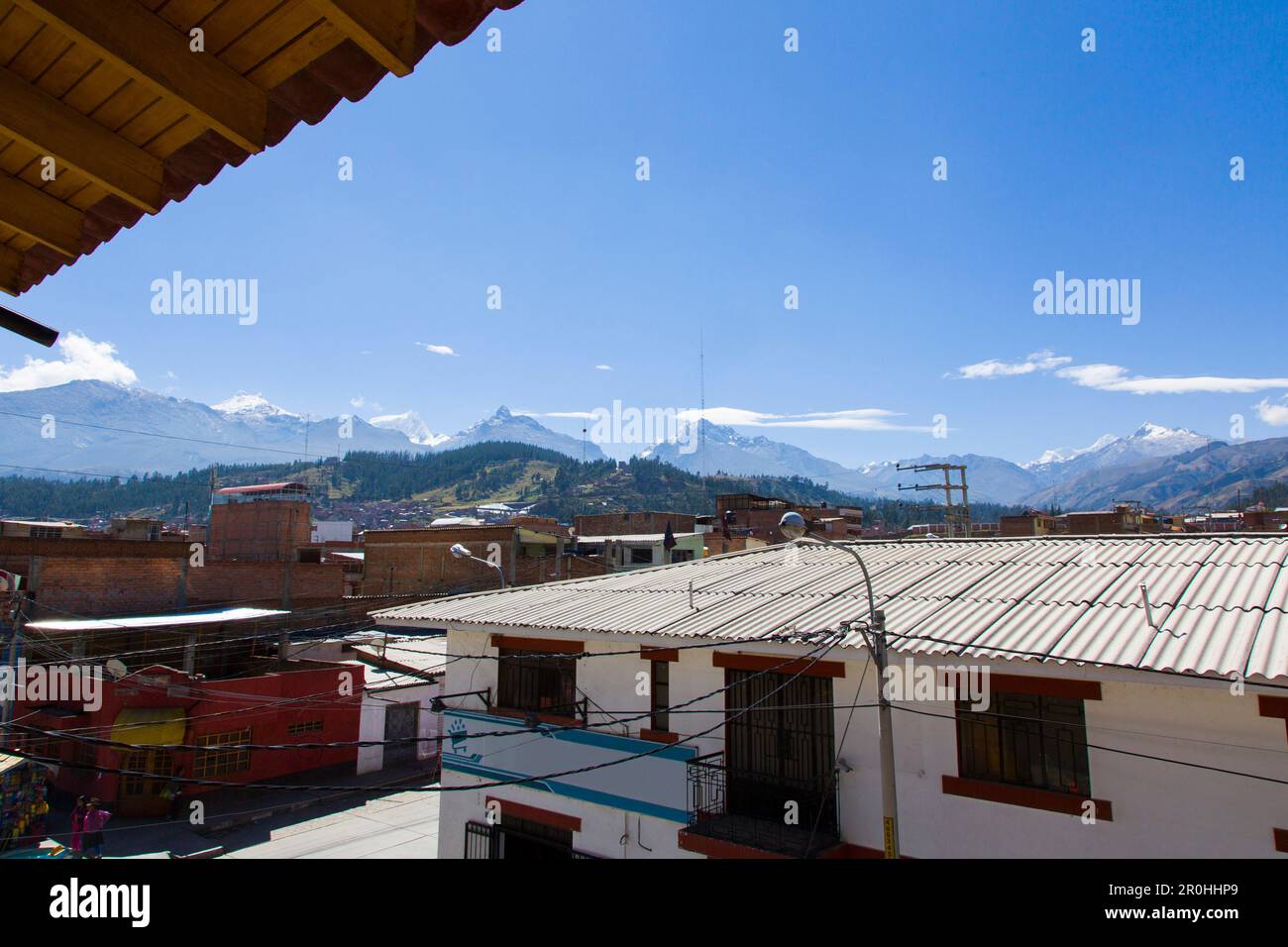 View over houses to Cordillera Blanca, San Juan, Ancash, Andes, Peru ...