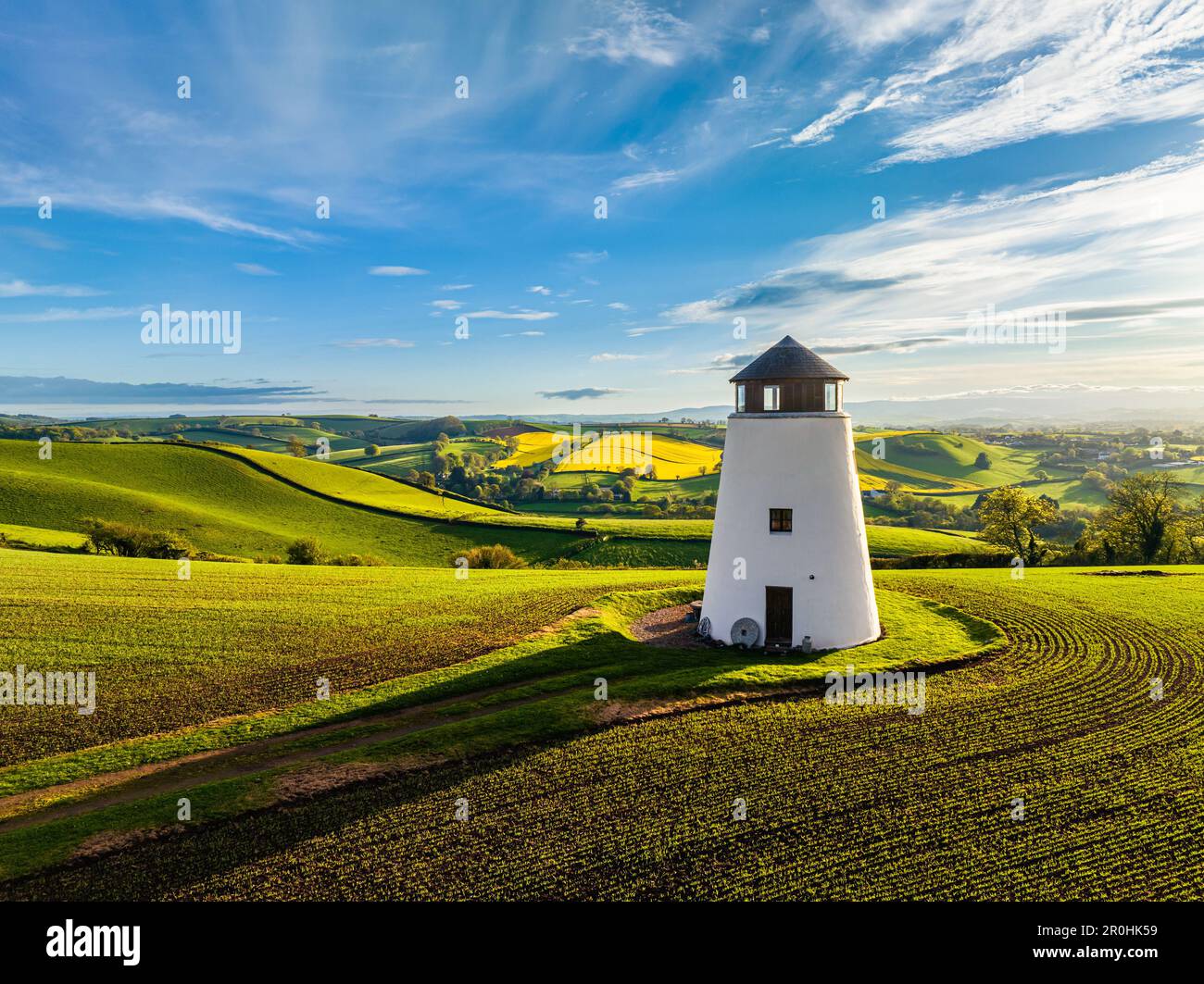 Devon Windmill over fields and farms from a drone, Torquay, Devon ...