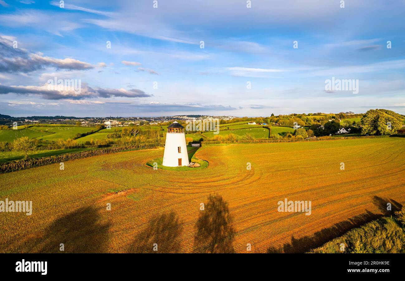 Devon Windmill over fields and farms from a drone, Torquay, Devon ...
