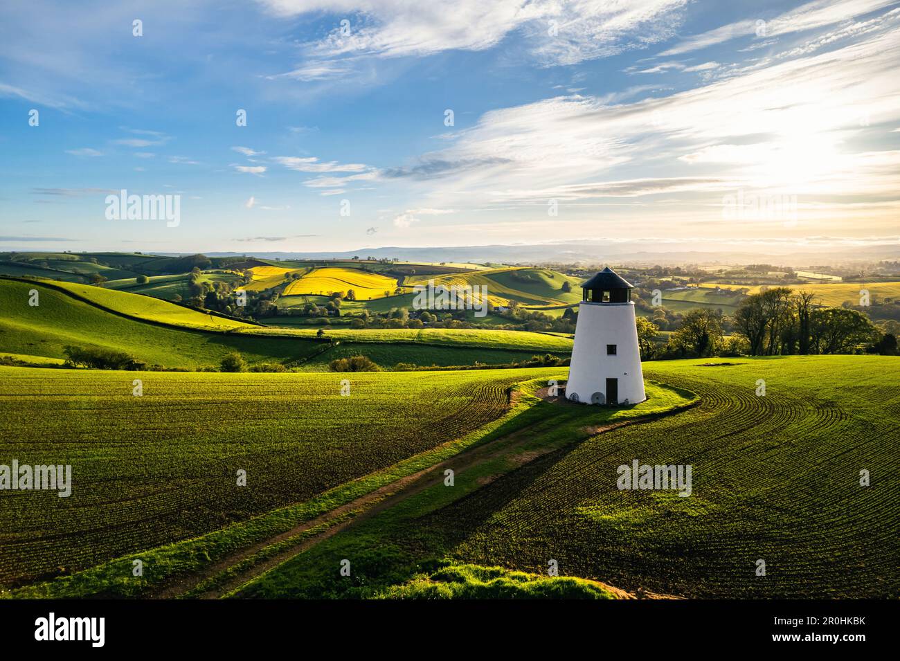 Devon Windmill over fields and farms from a drone, Torquay, Devon ...