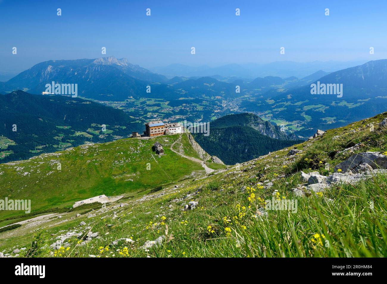 Watzmannhaus above the valley of Berchtesgaden with Untersberg in the ...