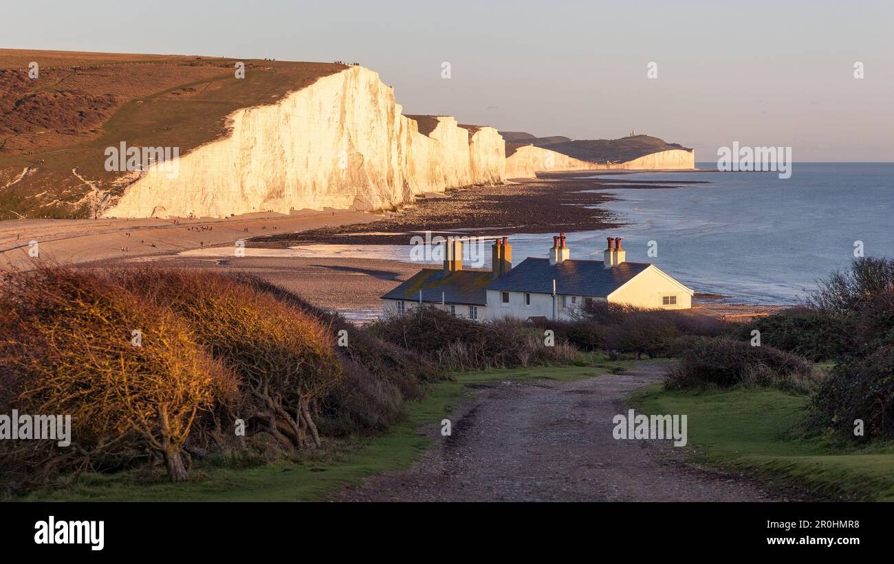 Cuckmere Haven with the chalk cliffs of the Seven Sisters, Eastbourne, England, United Kingdom ...