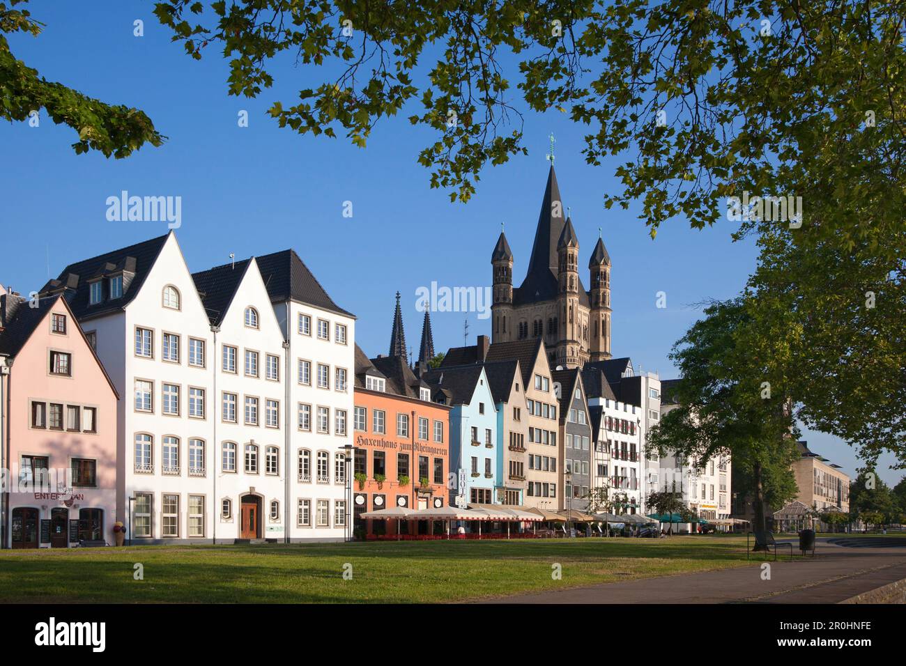 Houses along the Rhine garden in front of the Gross-Sankt-Martin church ...