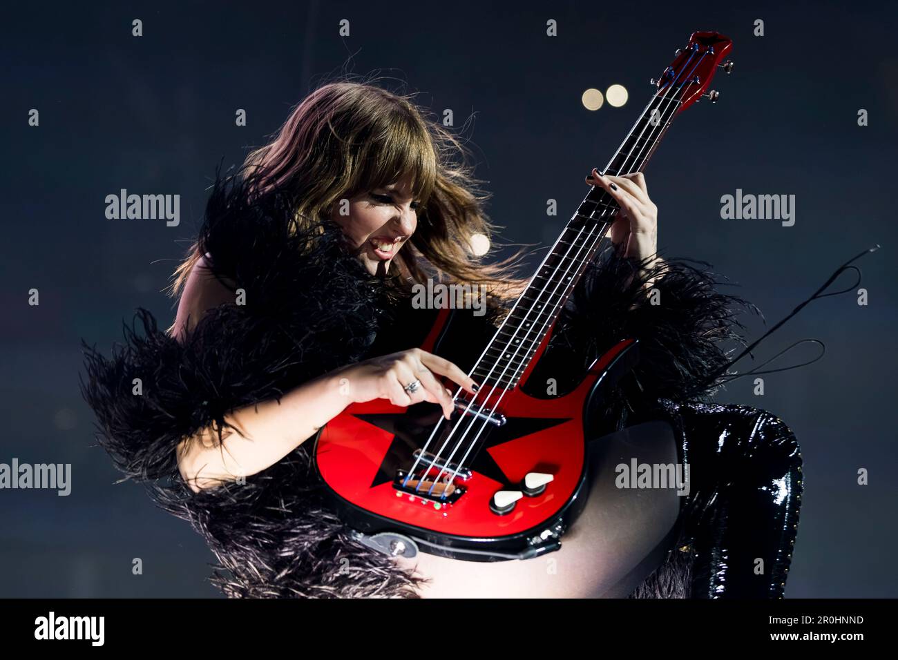 Victoria De Angelis of Maneskin performs on stage at the O2 Arena in ...