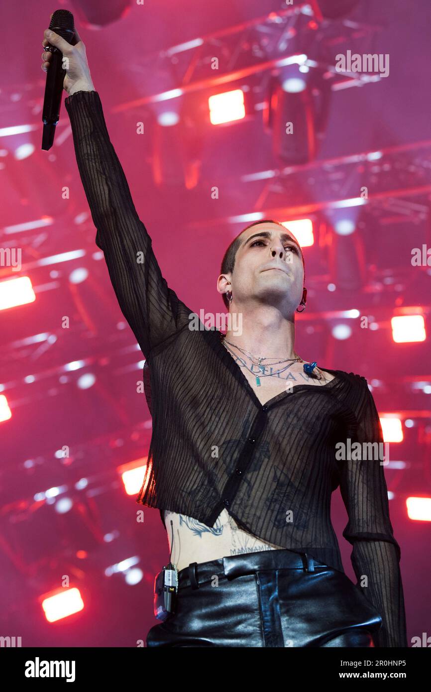 Damiano David of Maneskin performs on stage at the O2 Arena in London ...
