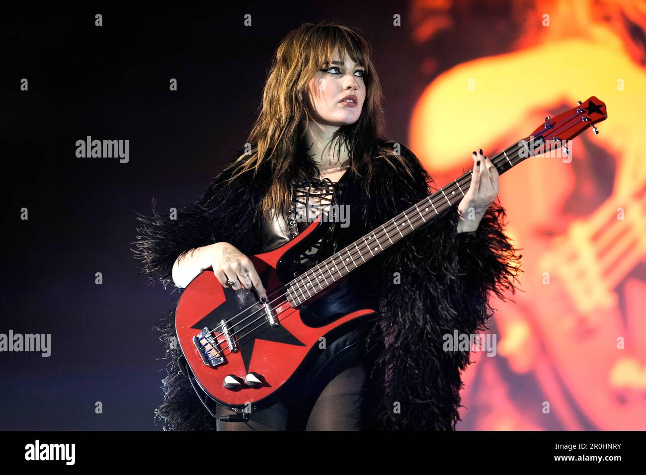 Victoria De Angelis of Maneskin performs on stage at the O2 Arena in ...