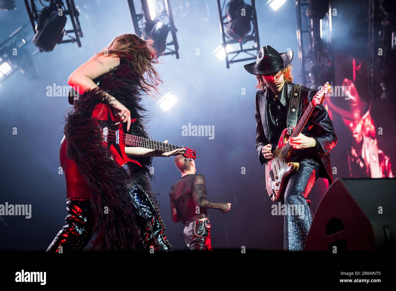 Victoria De Angelis, left, Damiano David and Thomas Raggi of Maneskin ...