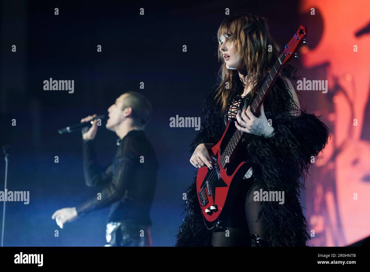 Damiano David, left, and Victoria De Angelis of Maneskin perform on ...