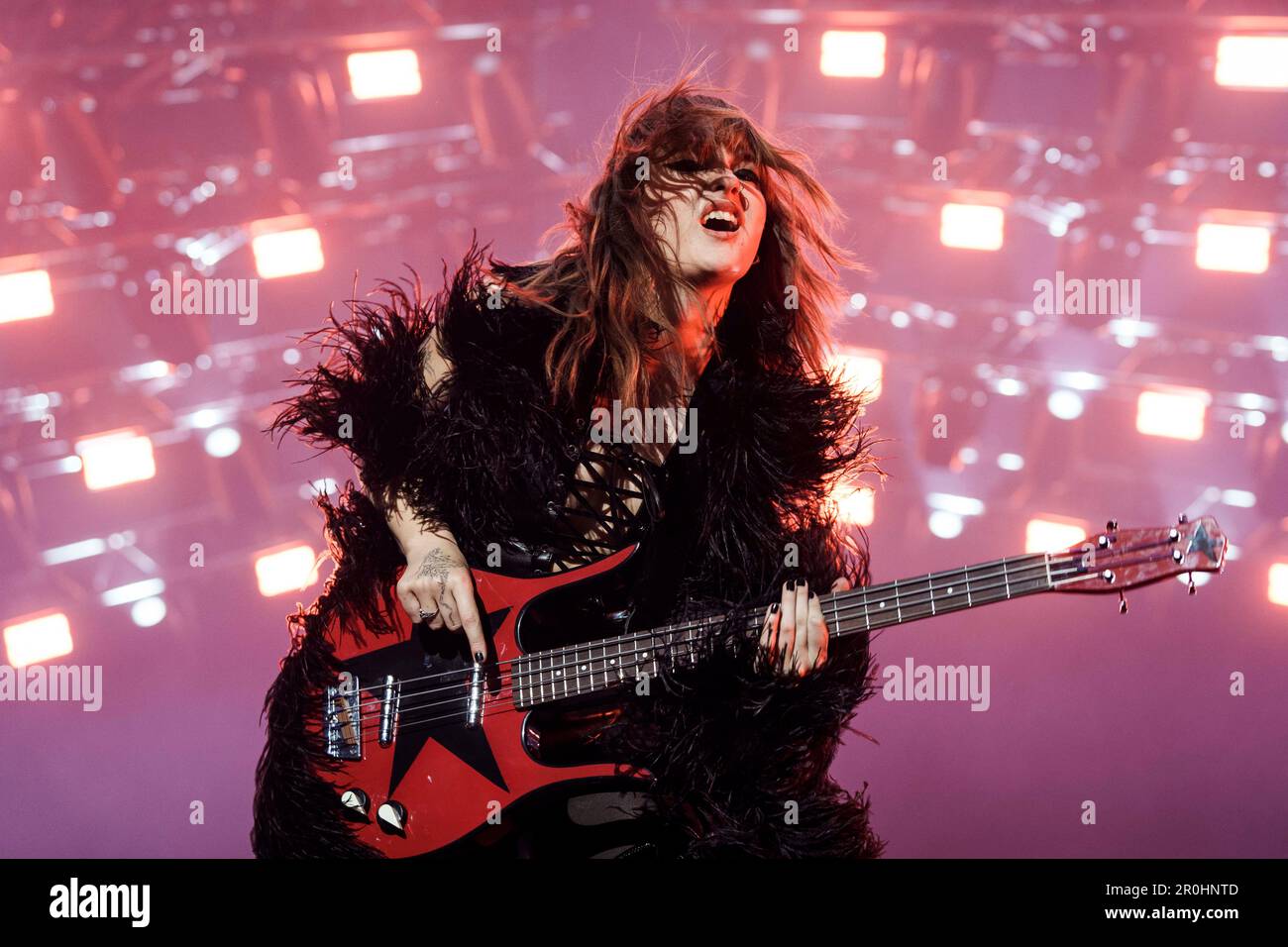 Victoria De Angelis of Maneskin performs on stage at the O2 Arena in ...
