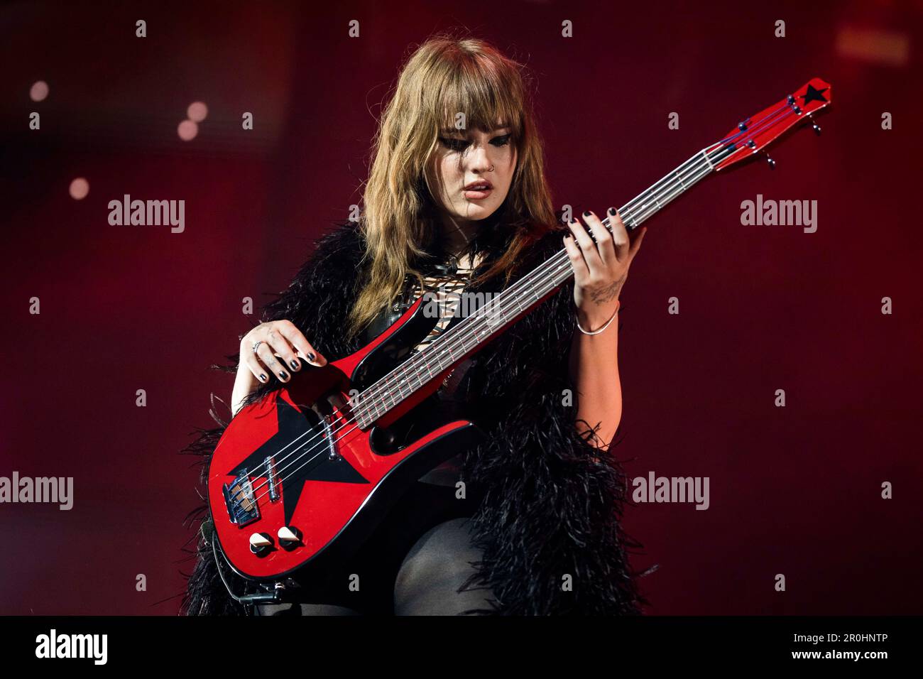 Victoria De Angelis of Maneskin performs on stage at the O2 Arena in ...
