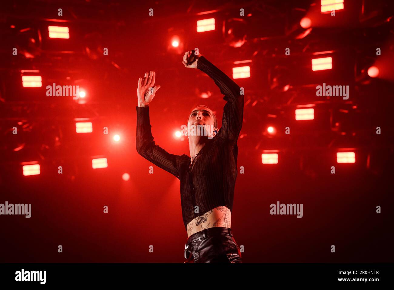 Damiano David of Maneskin performs on stage at the O2 Arena in London ...