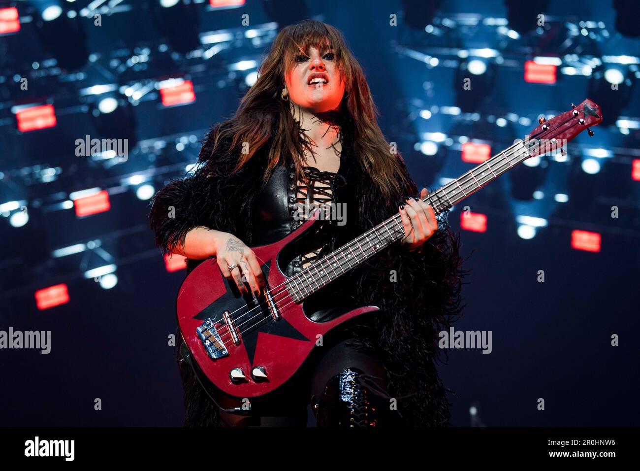 Victoria De Angelis of Maneskin performs on stage at the O2 Arena in ...