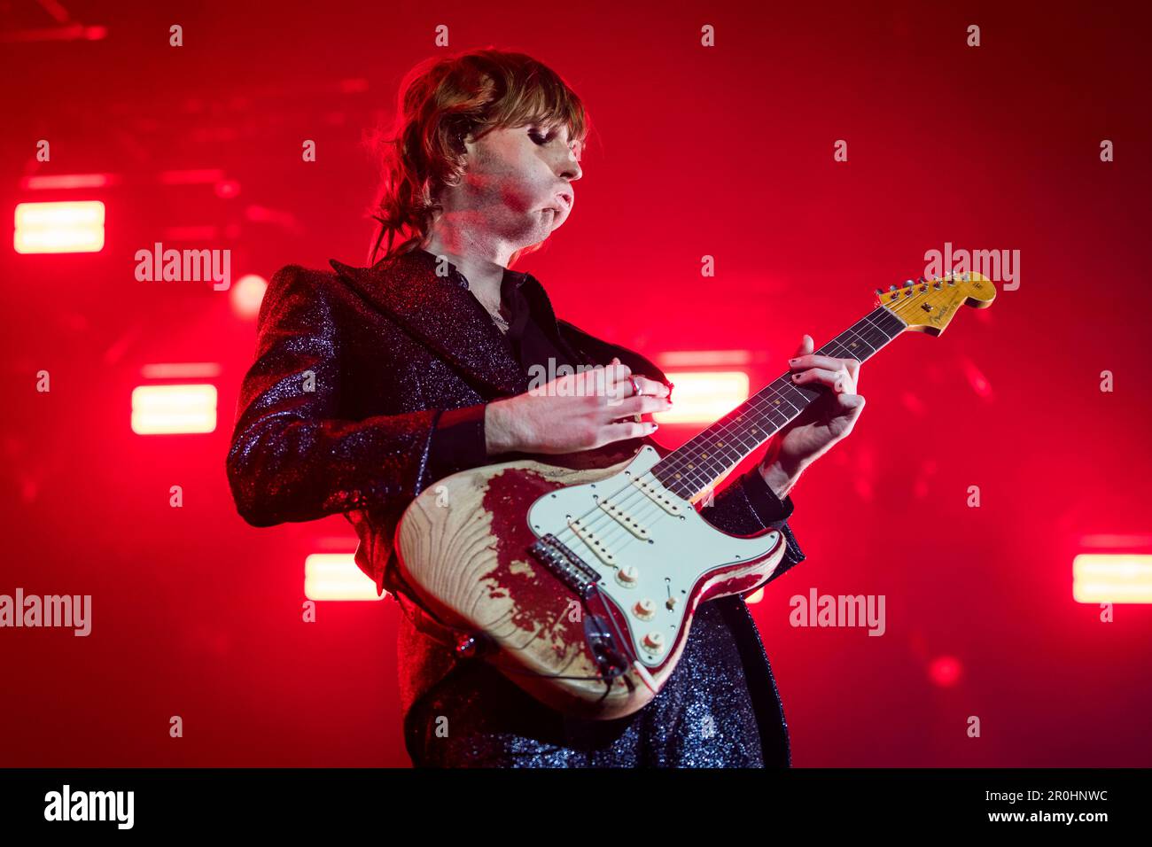 Thomas Raggi of Maneskin performs on stage at the O2 Arena in London ...