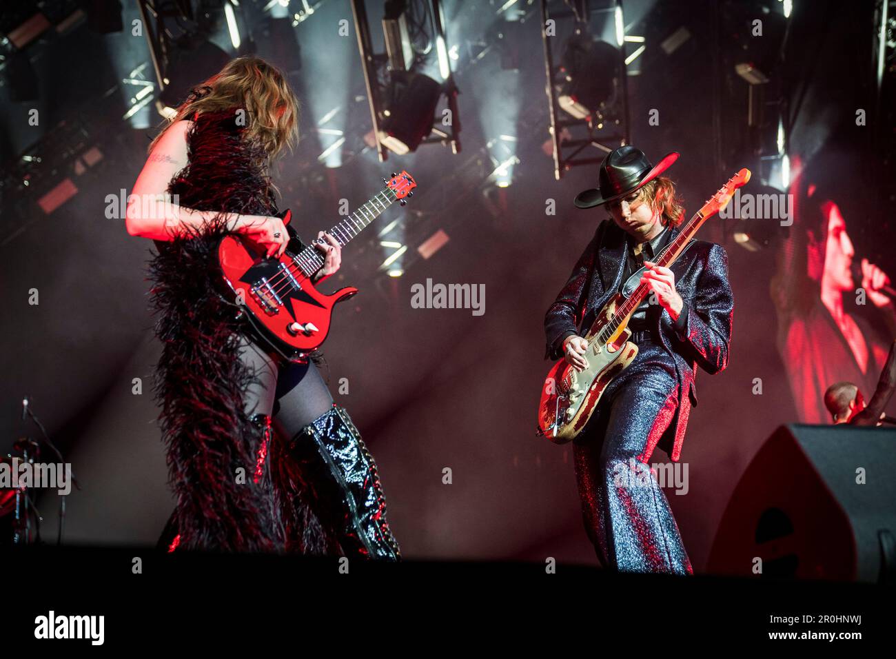 Victoria De Angelis, left, and Thomas Raggi of Maneskin perform on ...