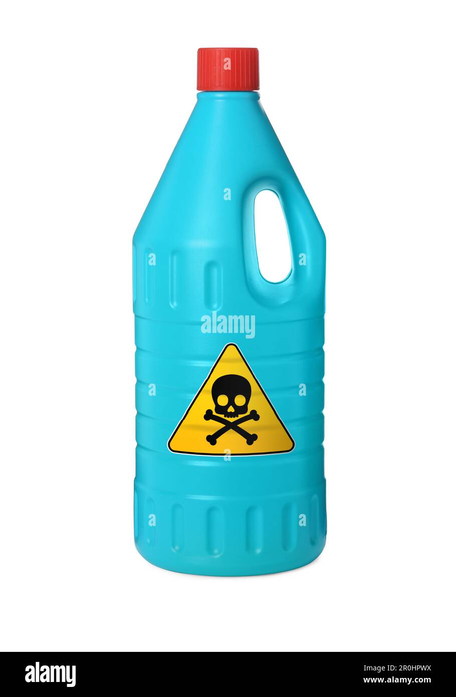 Bottle of toxic household chemical with warning sign on white ...