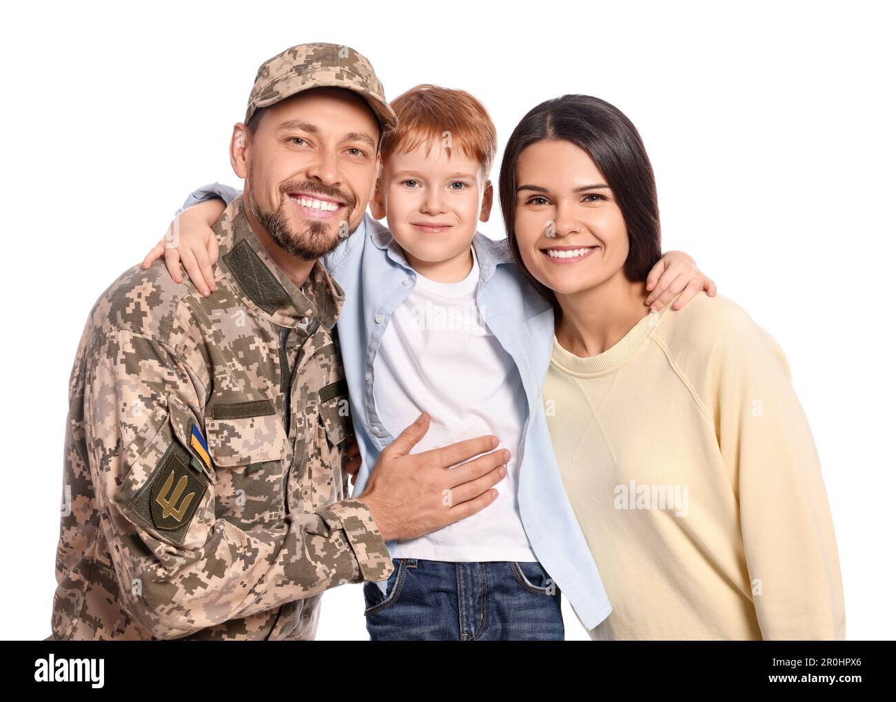 Ukrainian defender in military uniform with his family on white ...
