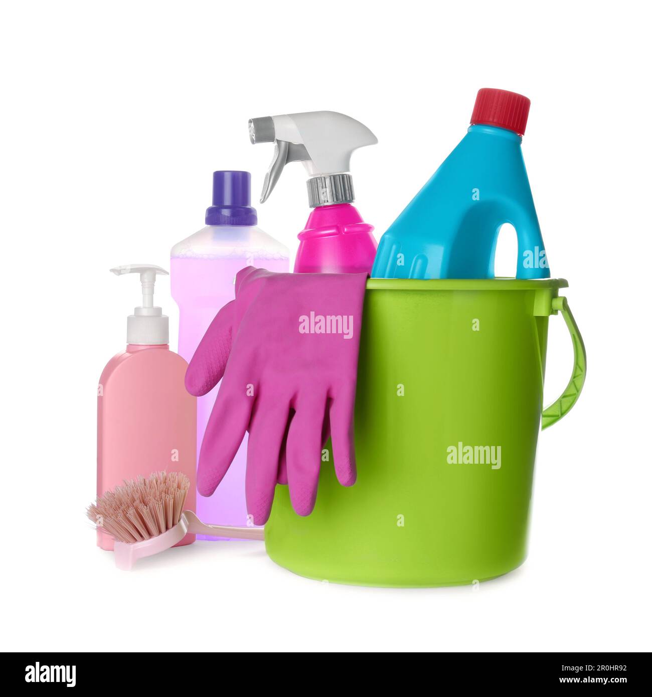 Different cleaning supplies and tools on white background Stock Photo ...