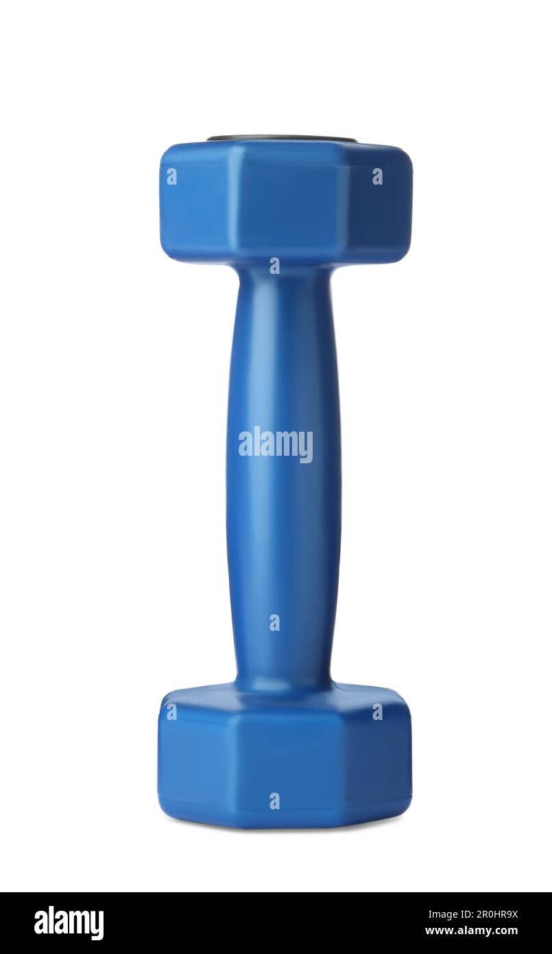 Blue dumbbell isolated on white. Weight training equipment Stock Photo ...