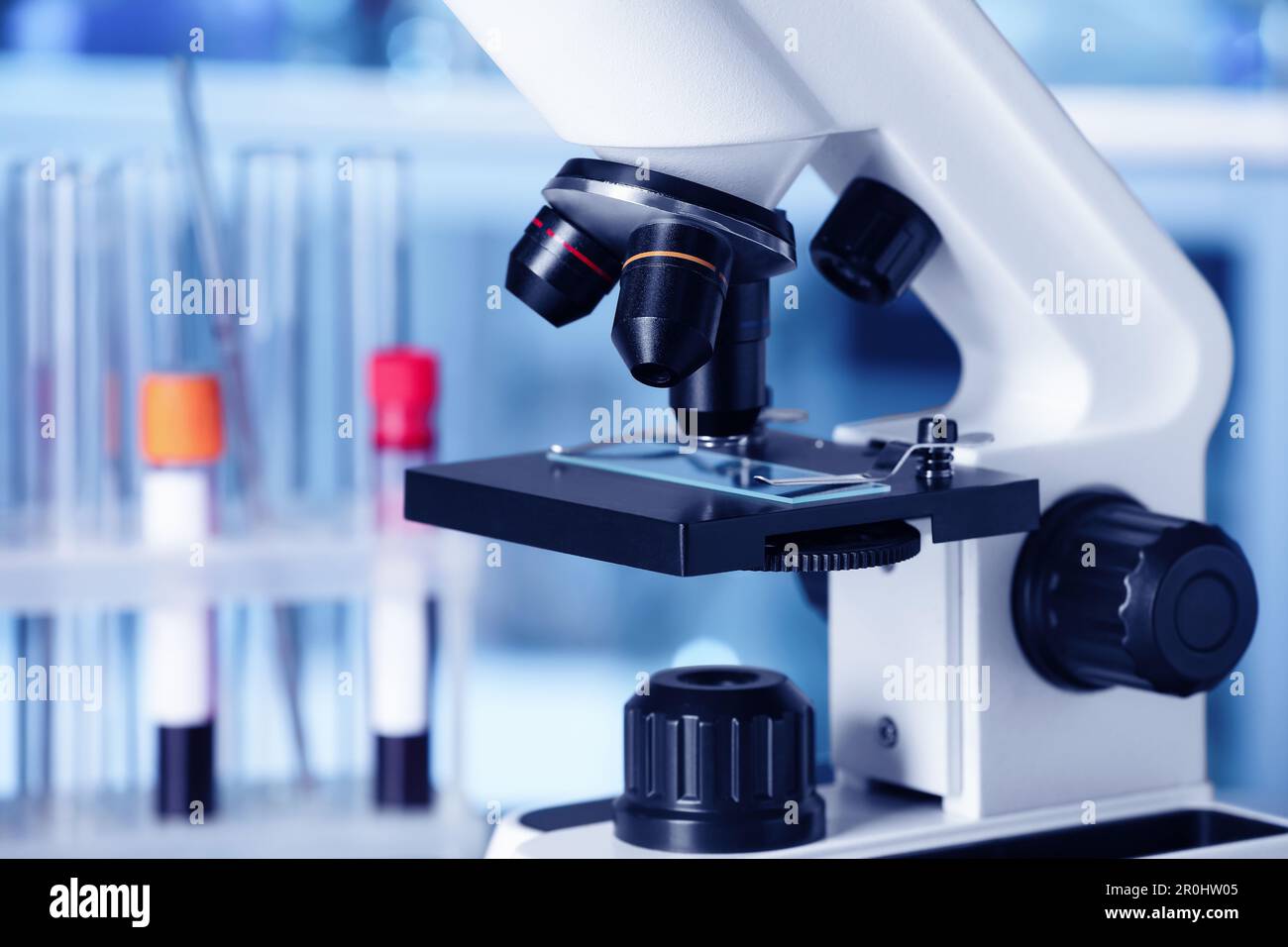 Modern medical microscope in laboratory, closeup. Space for text Stock ...