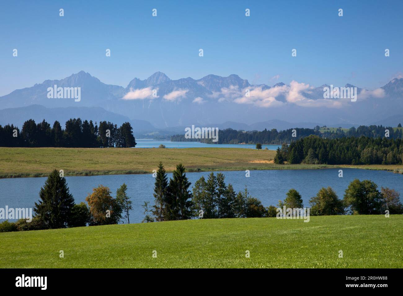 View over lake Forggensee to the Tannheim mountains, Allgaeu, Bavaria ...