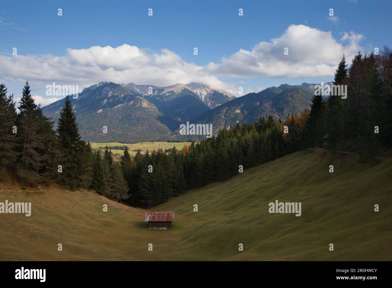 Mountain pasture with hay barn, view to the Soiern mountains, near ...